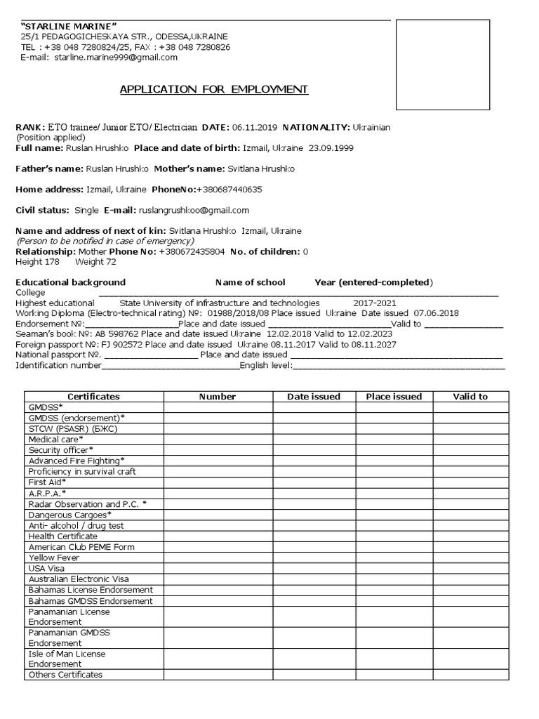STARLINE MARINE Job Application | PDF