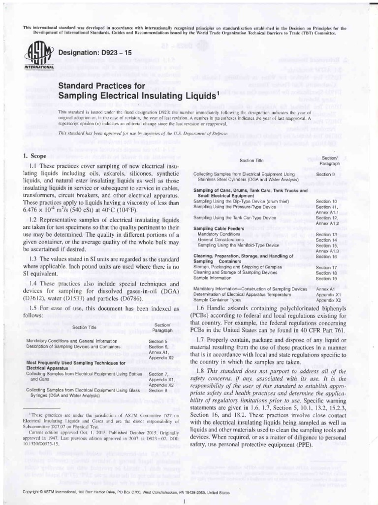 Muestreo de Liquidos Aislantes Norma Actualizada Astm D923-15 | PDF ...