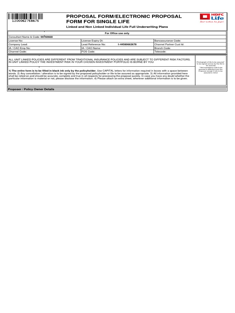 Proposal Form/Electronic Proposal Form For Single Life: Linked and Non ...