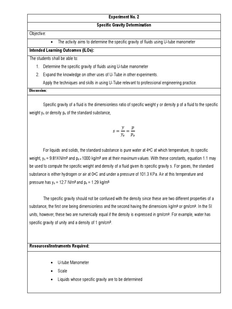 Experiment No. 2 Specific Gravity Determination: Discussion | PDF | Density | Pressure Measurement
