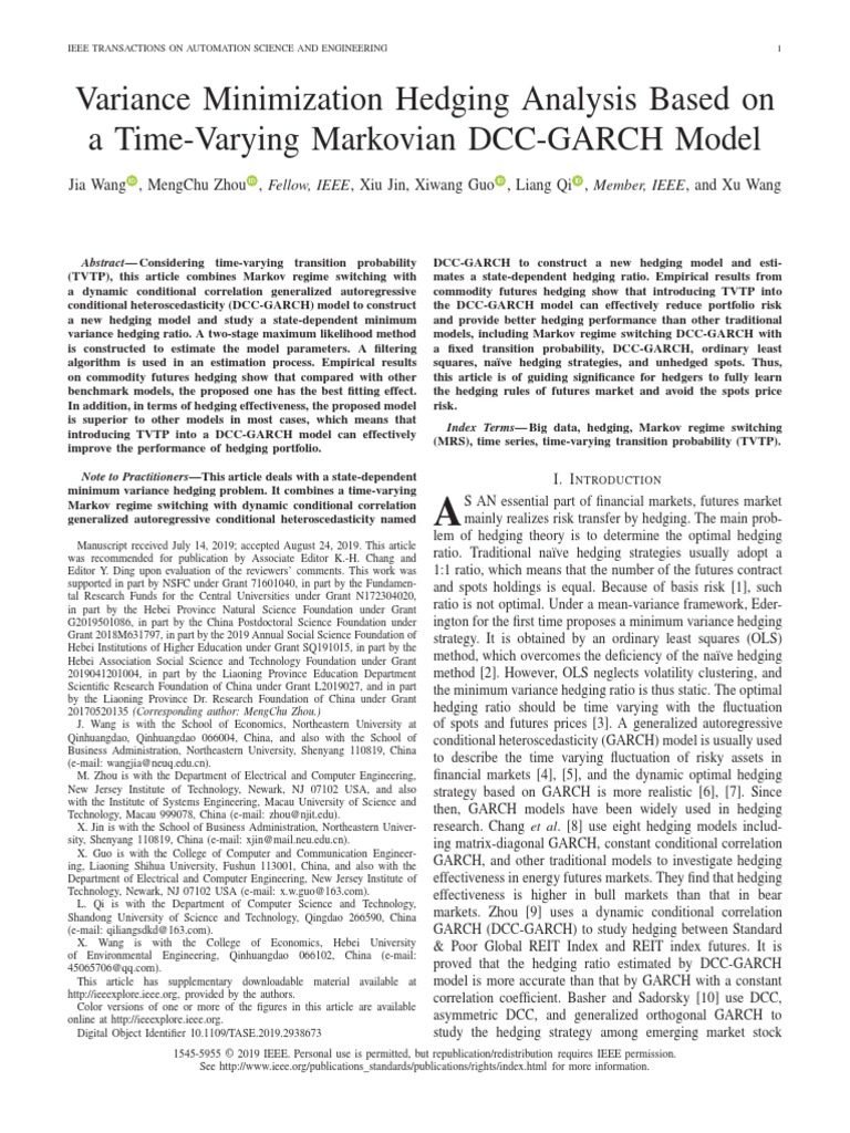 Variance Minimization Hedging Analysis Based On A Time-Varying Markovian DCC-GARCH Model | PDF ...