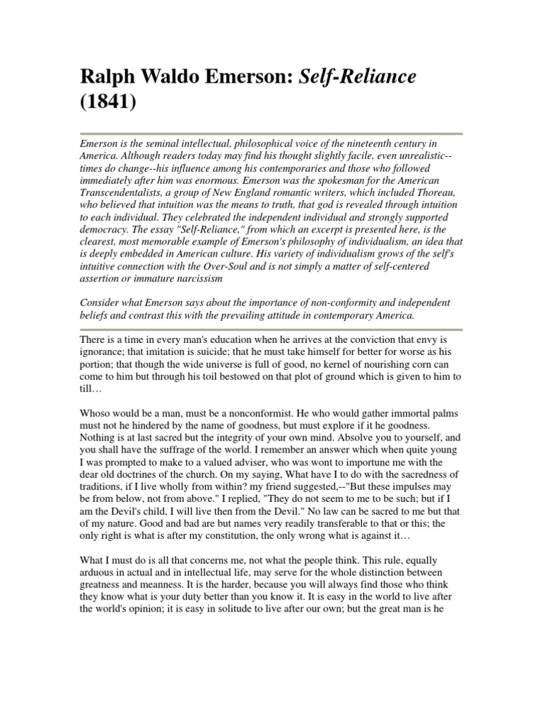 Emerson - Self-Reliance (Abridged) | PDF | Ralph Waldo Emerson ...