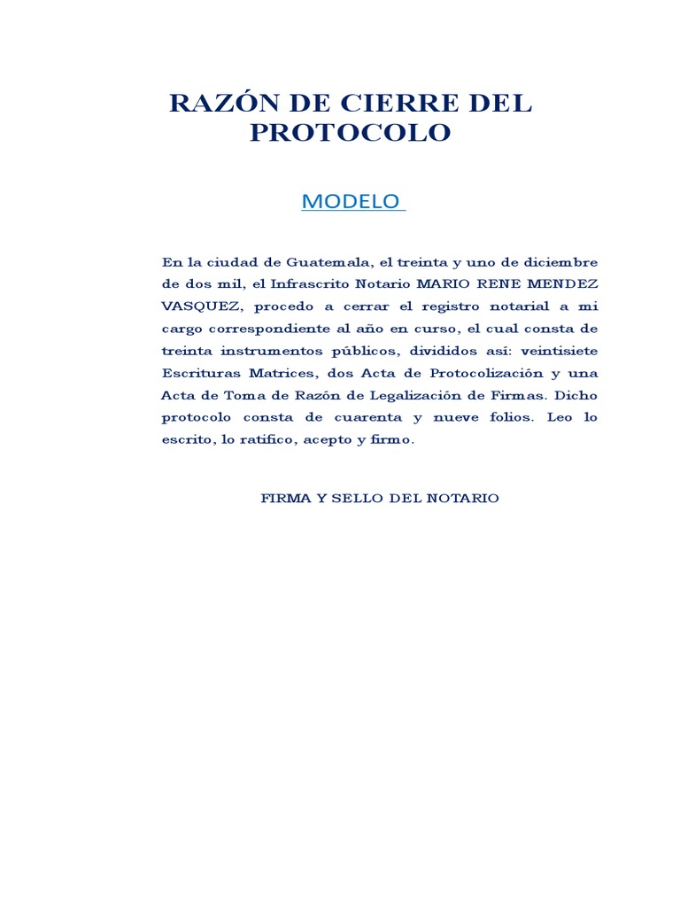Modelo de Cierre e Indice Del Protocolo | PDF | Derecho privado | Justicia