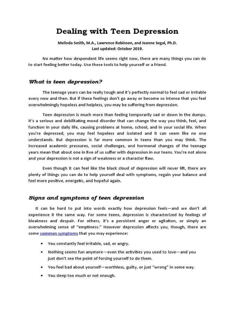 Dealing With Teen Depression | PDF | Major Depressive Disorder | Anxiety