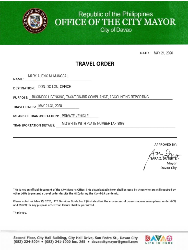 Davao City Travel Order | PDF | Motor Vehicle | Driving