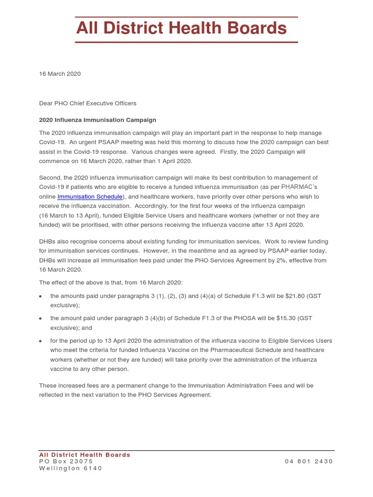 2020 March 16 Immunisation Letter | PDF | Influenza Vaccine | Health Care