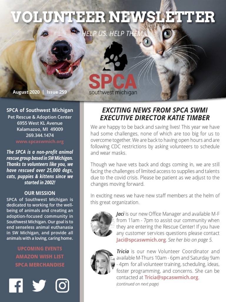 SPCA SW Michigan Volunteer Newsletter | PDF | Pet | Animals And Humans