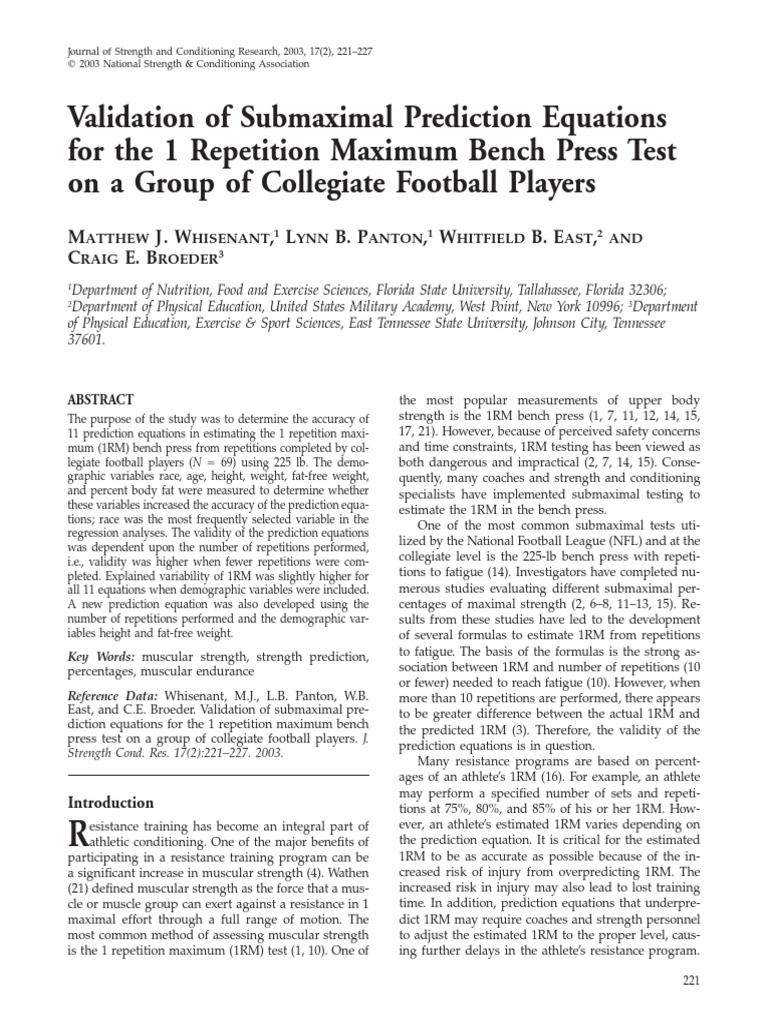 Validation of Submaximal Prediction Equations For The 1 Repetition ...