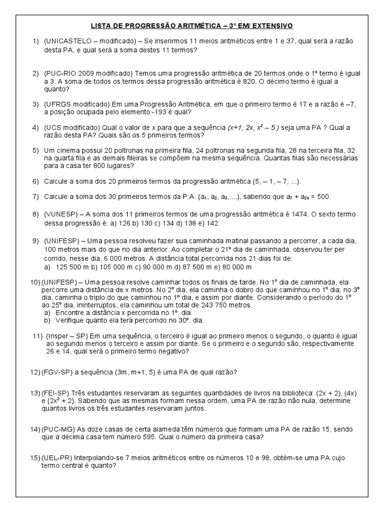 LISTA DE PROGRESSÃO ARITMÉTICA - Exercícios | PDF | Número real | Sequência