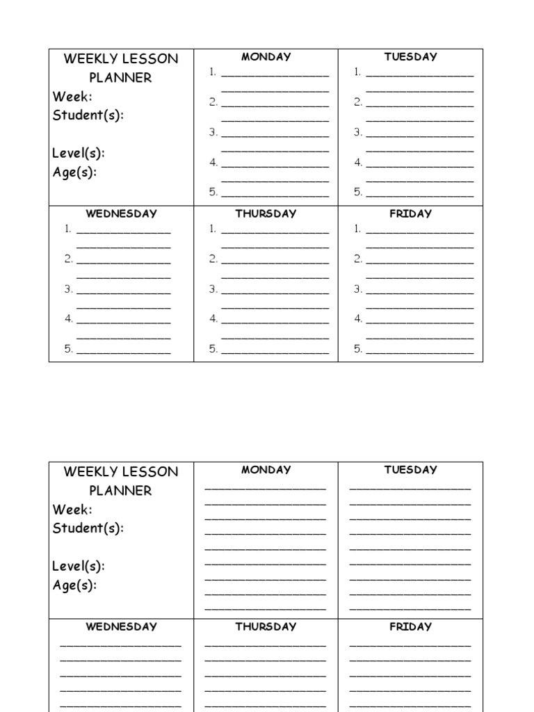 Weekly Lesson Planner Week: Student(s) : Level(s) : Age(s) :: Monday ...