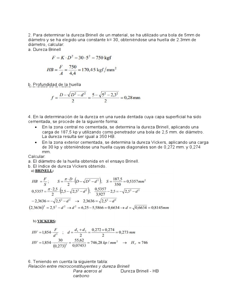 Ejercicios De Dureza Brinell Y Vickers Pdf Dureza Acero