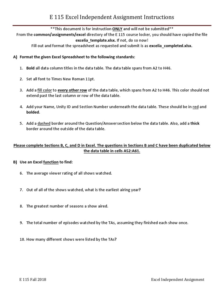 E 115 Fall 2018 Excel Independent Assignment | PDF | Microsoft Excel ...