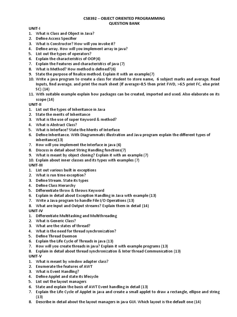 Cs8392 Object Oriented Programming Question Bank Unit I Pdf Class 