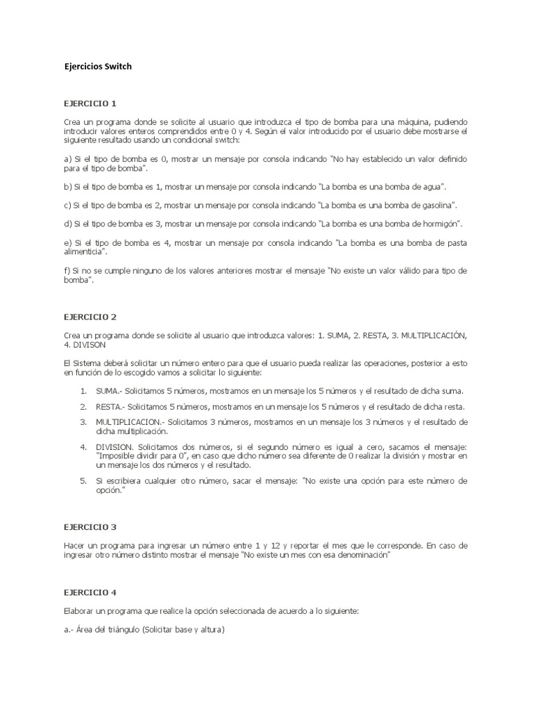 Ejercicios Switch | PDF | Multiplicación | Sustracción