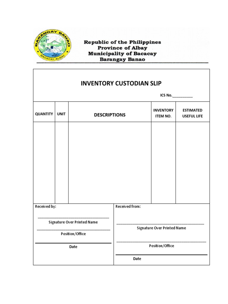 Brgy Banao Inventory Custodian Slip | PDF