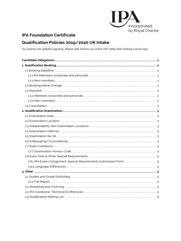 IPA Foundation Certificate Qualification Policies 2019/2020 UK Intake ...
