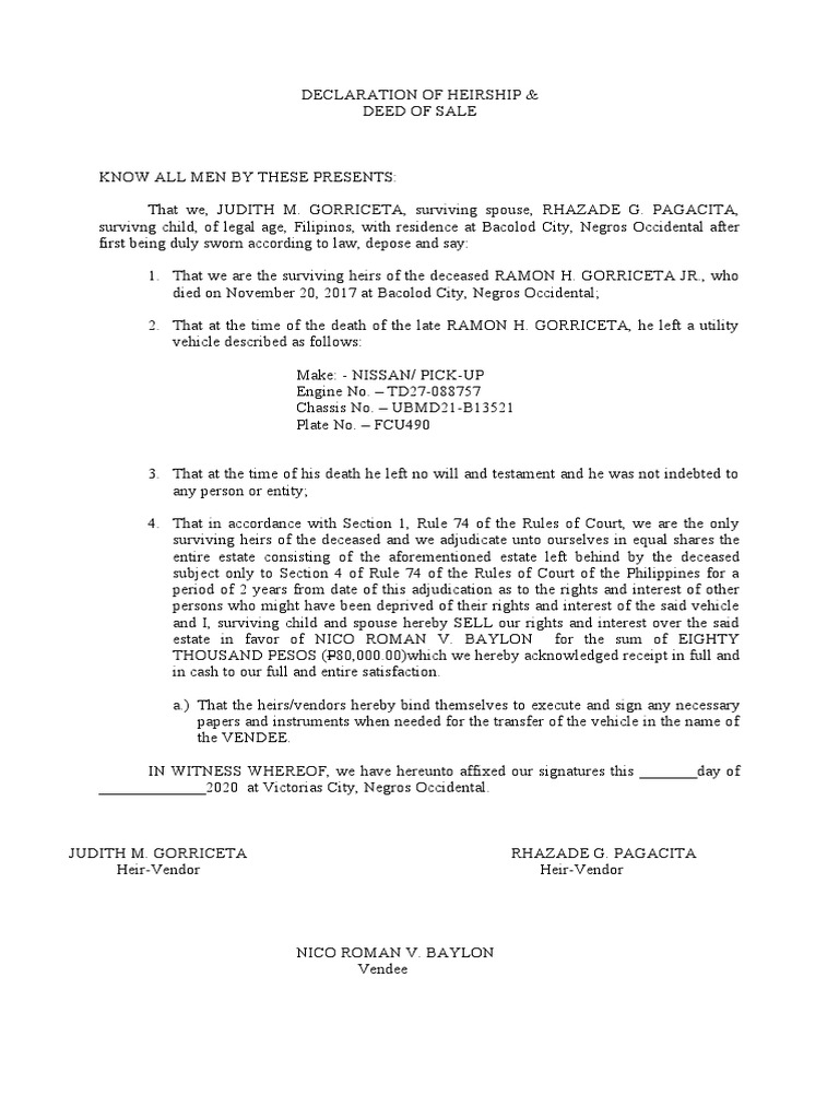 Declaration of Heirship With Deed of Sale | PDF | Civil Law (Common Law ...