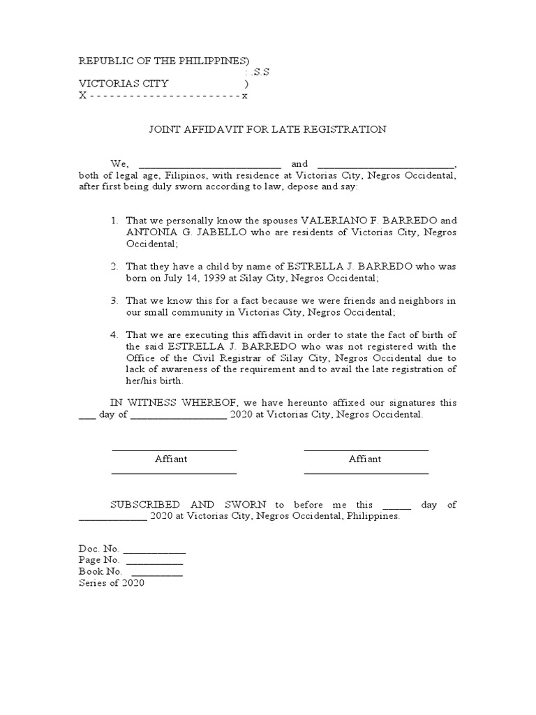 2020 AFFIDAVIT OF LATE REGISTRATION