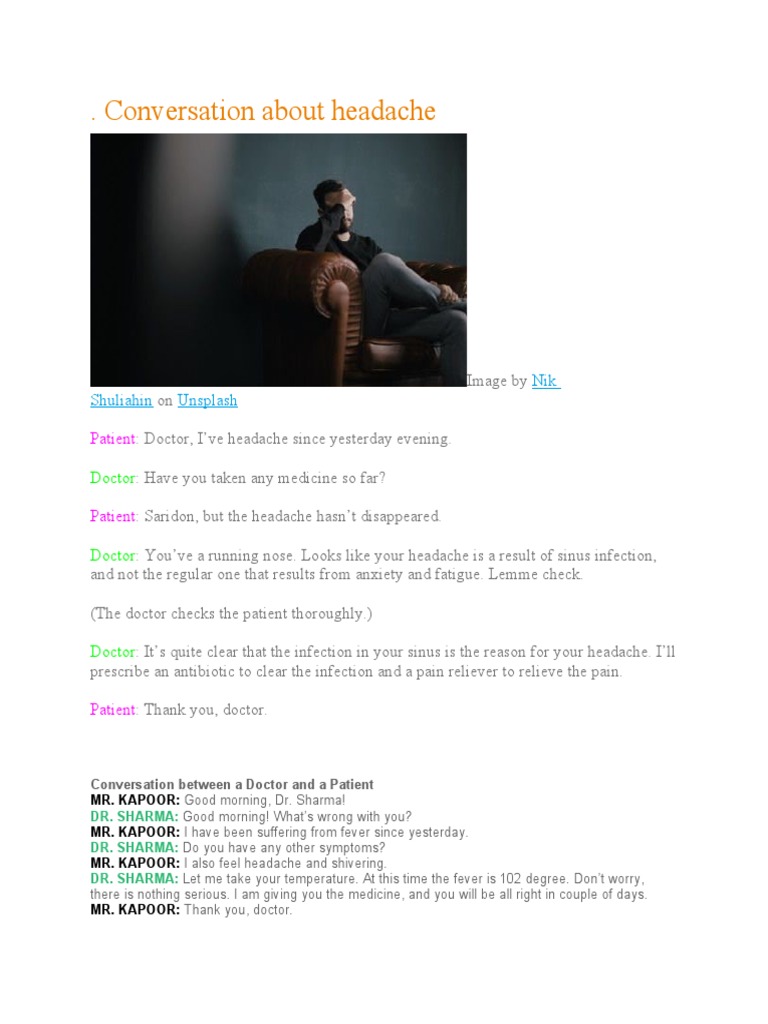 Conversation About Headache: Nik Shuliahin Unsplash | PDF | Headache ...