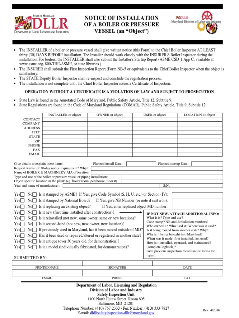 Notice of Installation of A Boiler or Pressure VESSEL (An "Object ...