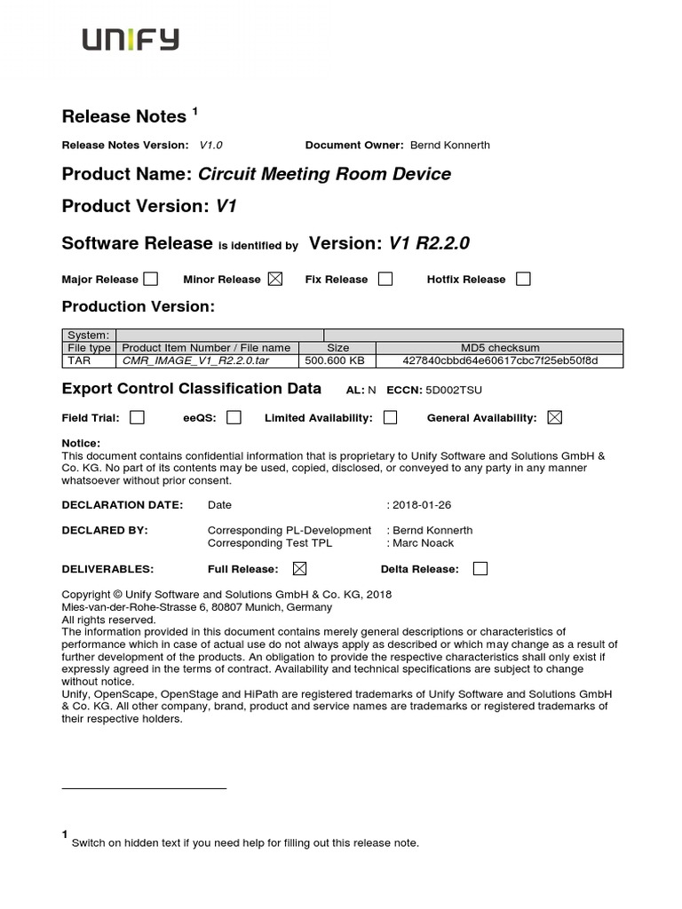 Circuit Meeting Room V1R2.2.0 Release Note Internal PDF | PDF | Trademark | Booting