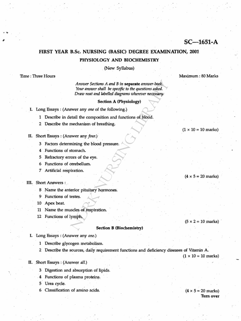 First Year B.Sc. Nursing Question Paper 2001 | PDF | Educational ...