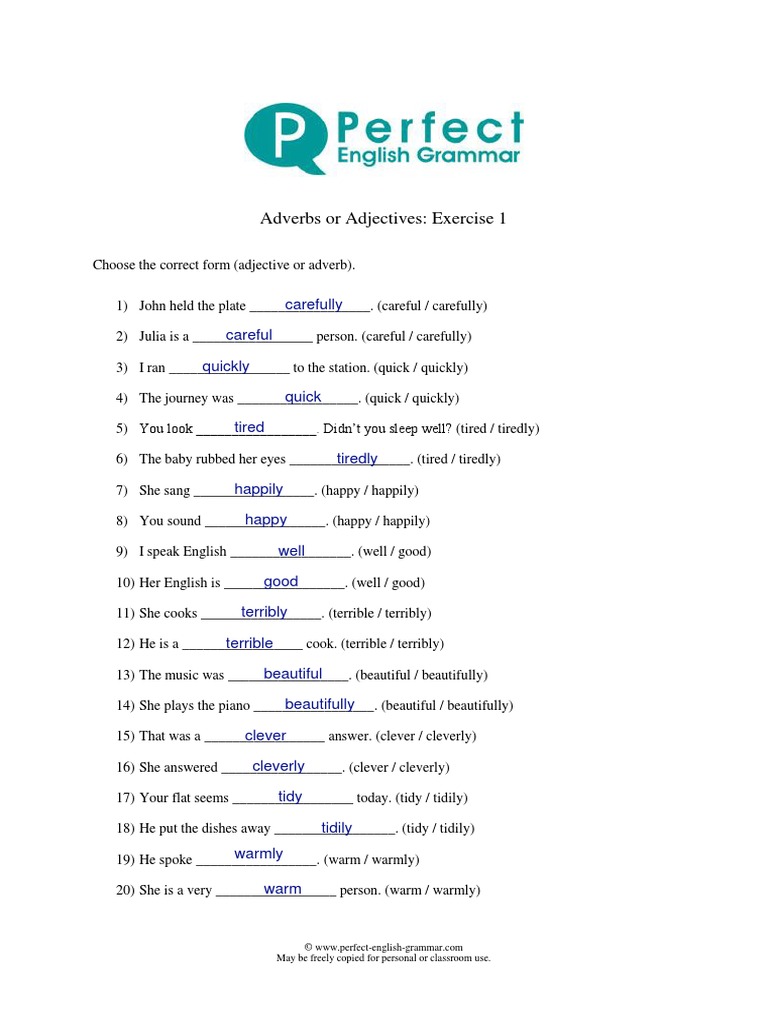 Adverbs or Adjectives Exercise 1 1 | PDF | Adverb | Semantics