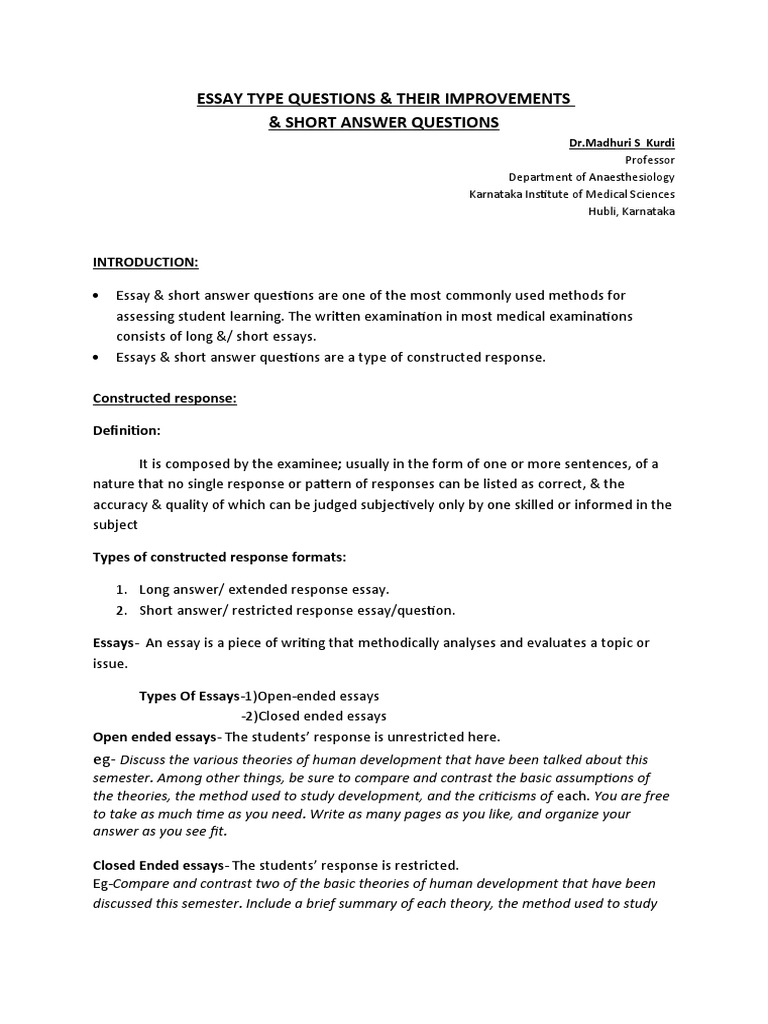 Improving Essay and Short Answer Questions | PDF | Educational ...