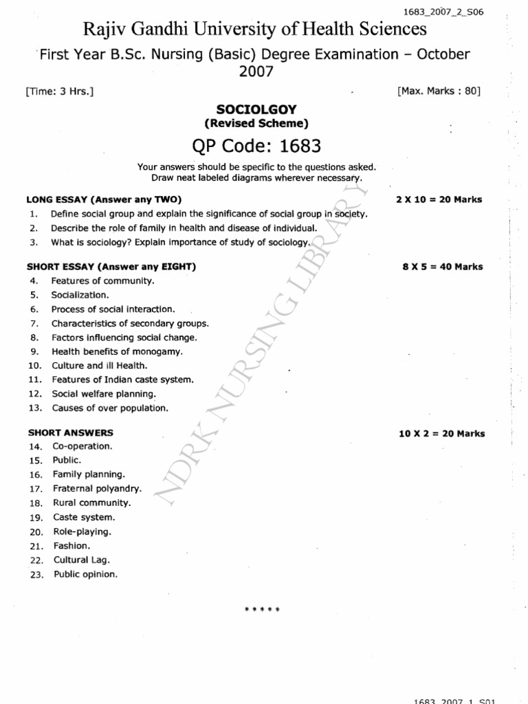 First Year B.Sc. Nursing Question Paper 2007 | PDF | Intelligence ...