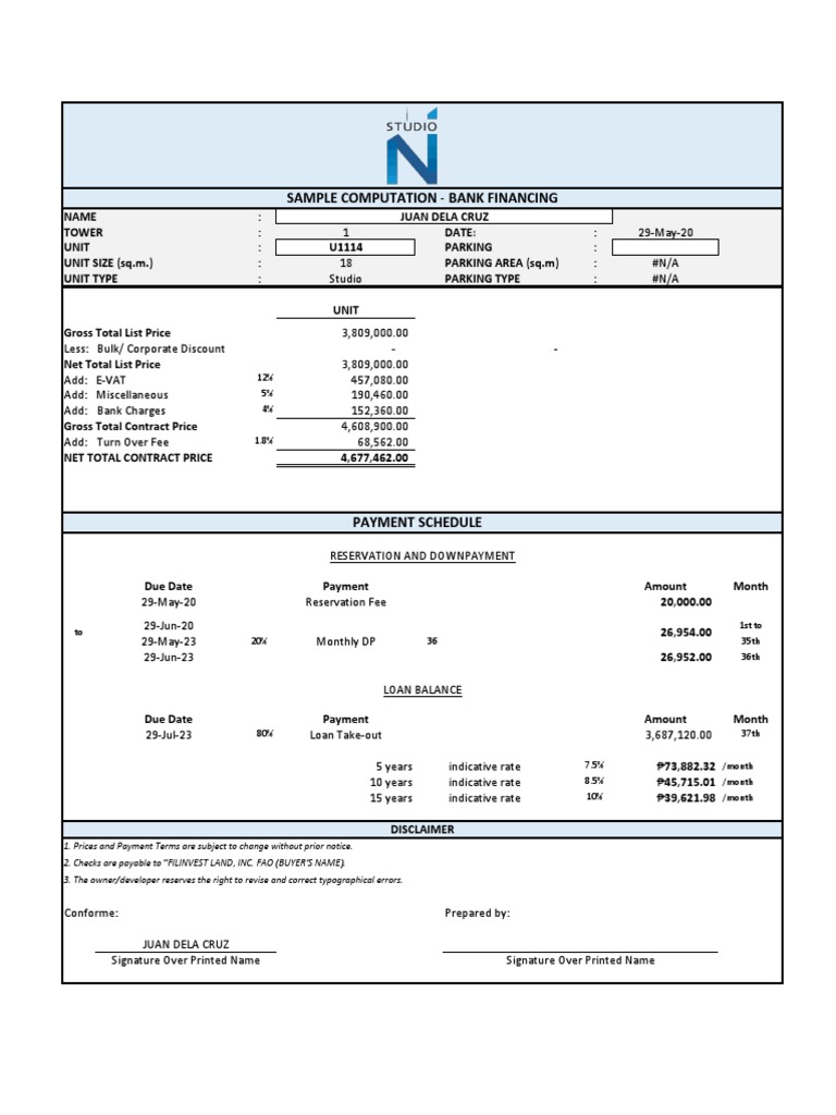 Sample Computation - Bank Financing: Parking Total | PDF | Fee | Prices