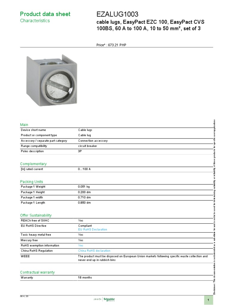 EasyPact CVS Cable Lugs Data Sheet | PDF