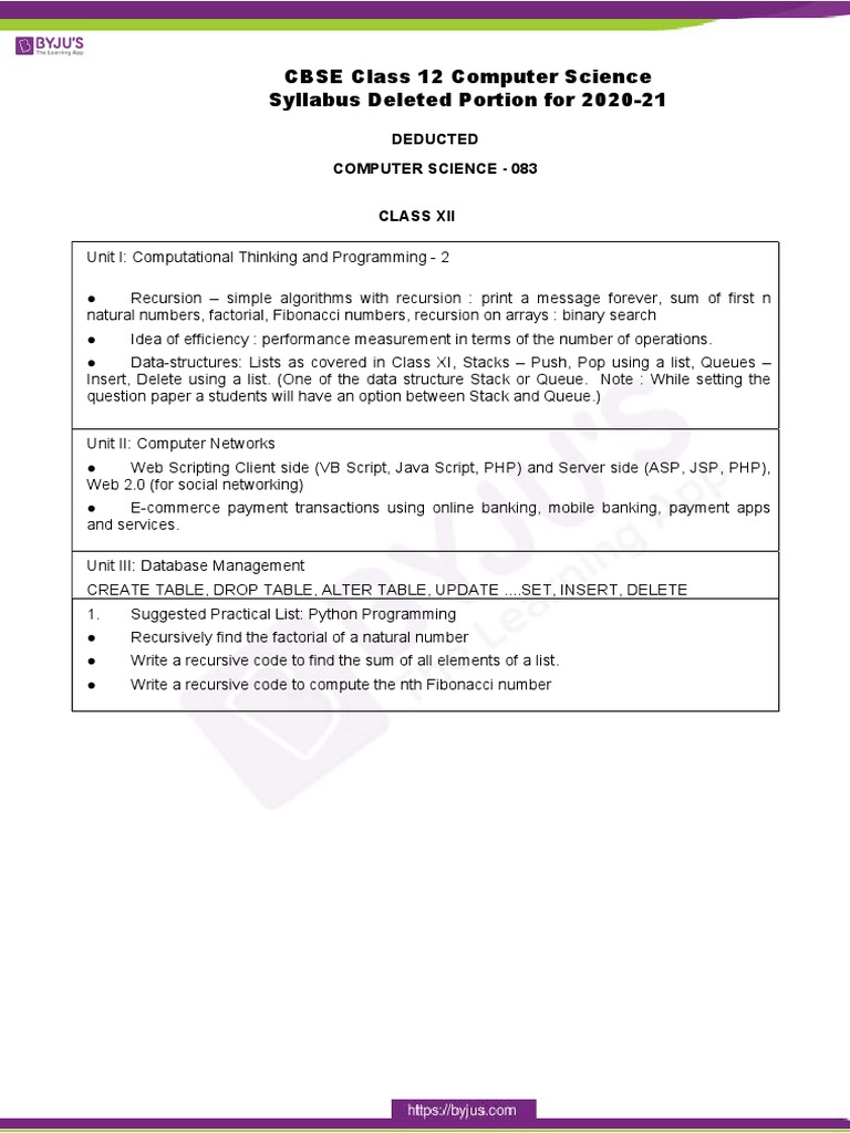 CBSE Class 12 Computer Science Deleted Syllabus Portion For 2020 21 | PDF