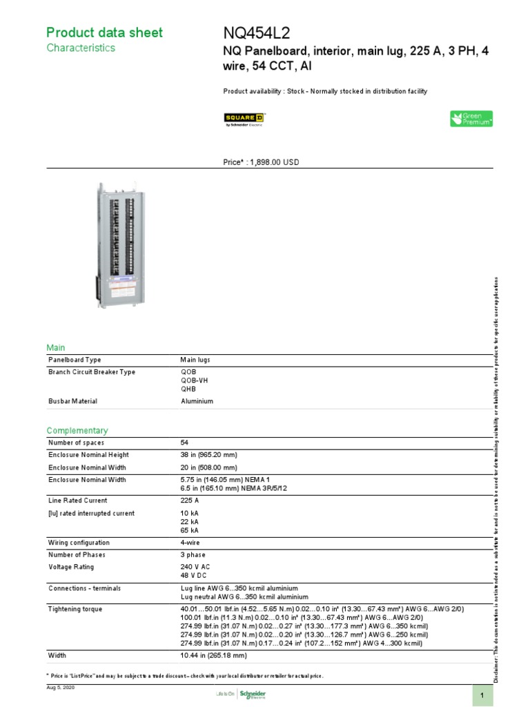 Product Data Sheet: NQ Panelboard, Interior, Main Lug, 225 A, 3 PH, 4 ...