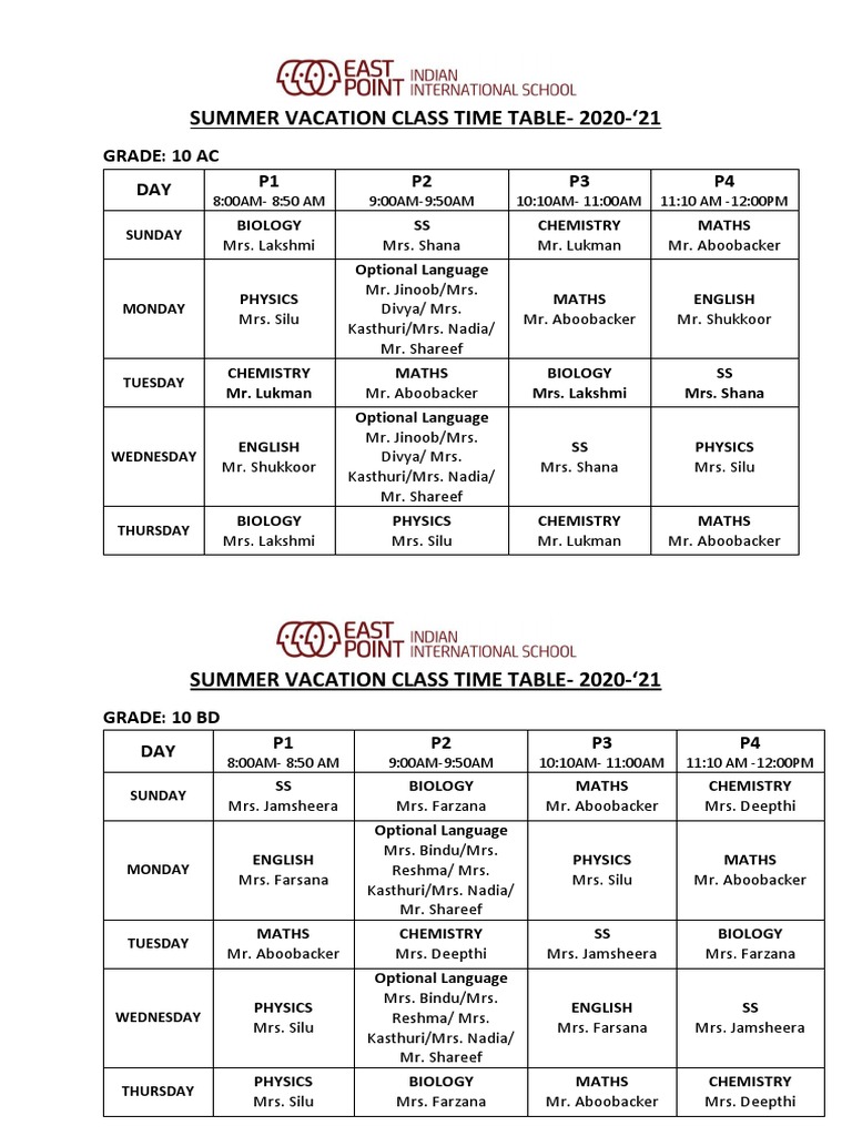 Summer Vacation Class Time Table | PDF