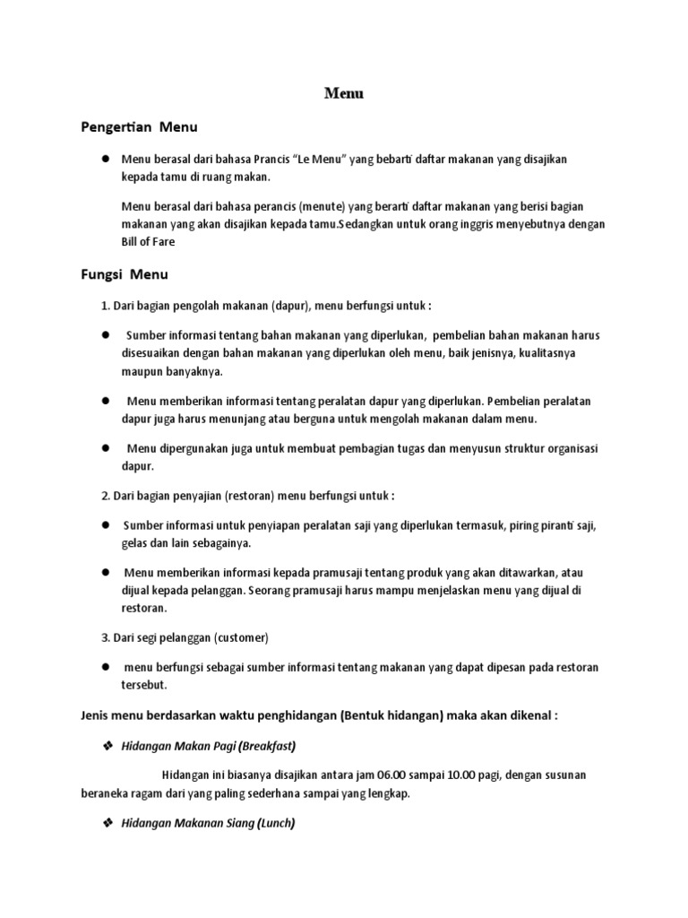 Pengertian dan Fungsi Menu dalam Restoran | PDF
