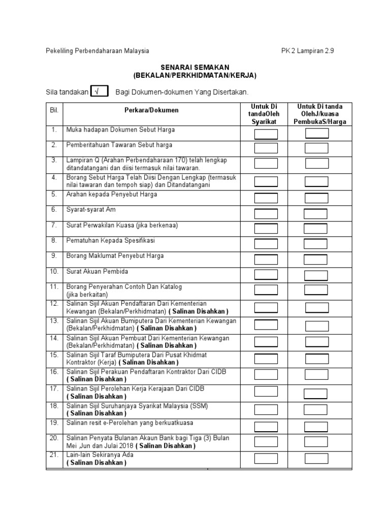 Senarai Semak Sebut Harga | PDF