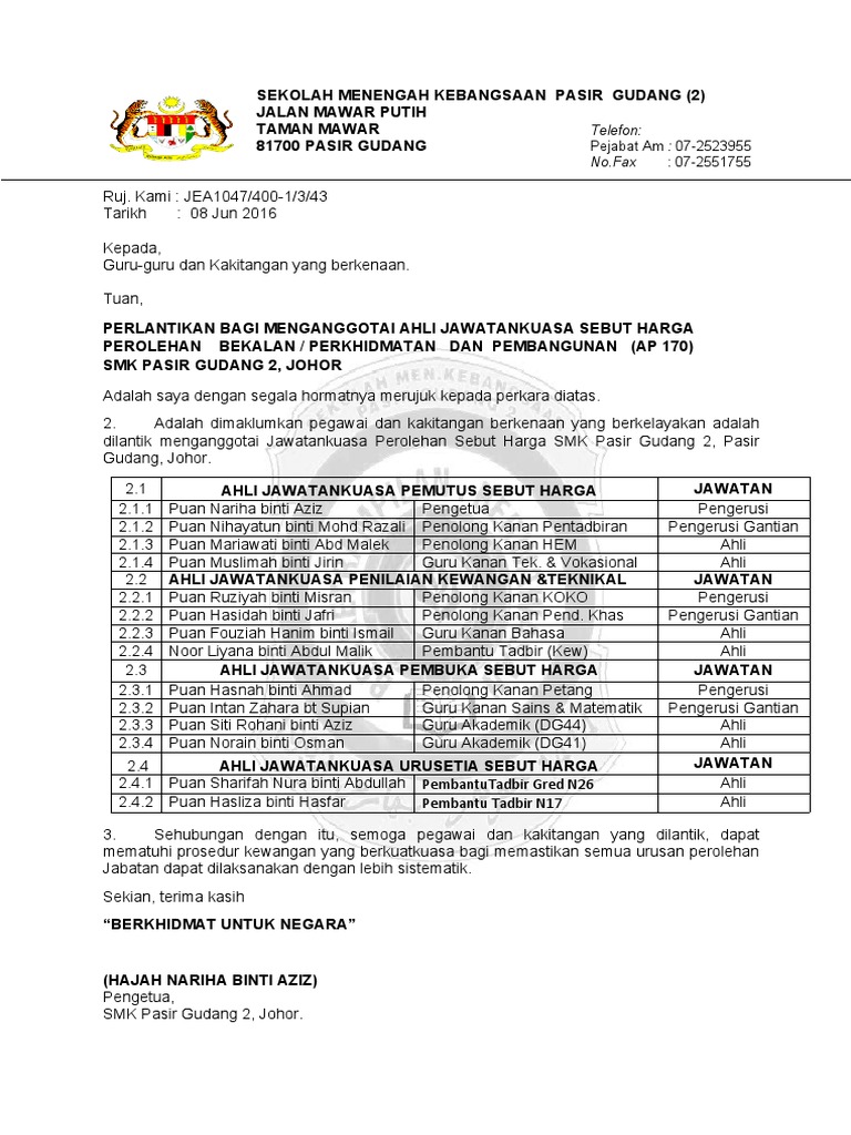01-Contoh Surat Perlantikan AJK Perolehan | PDF