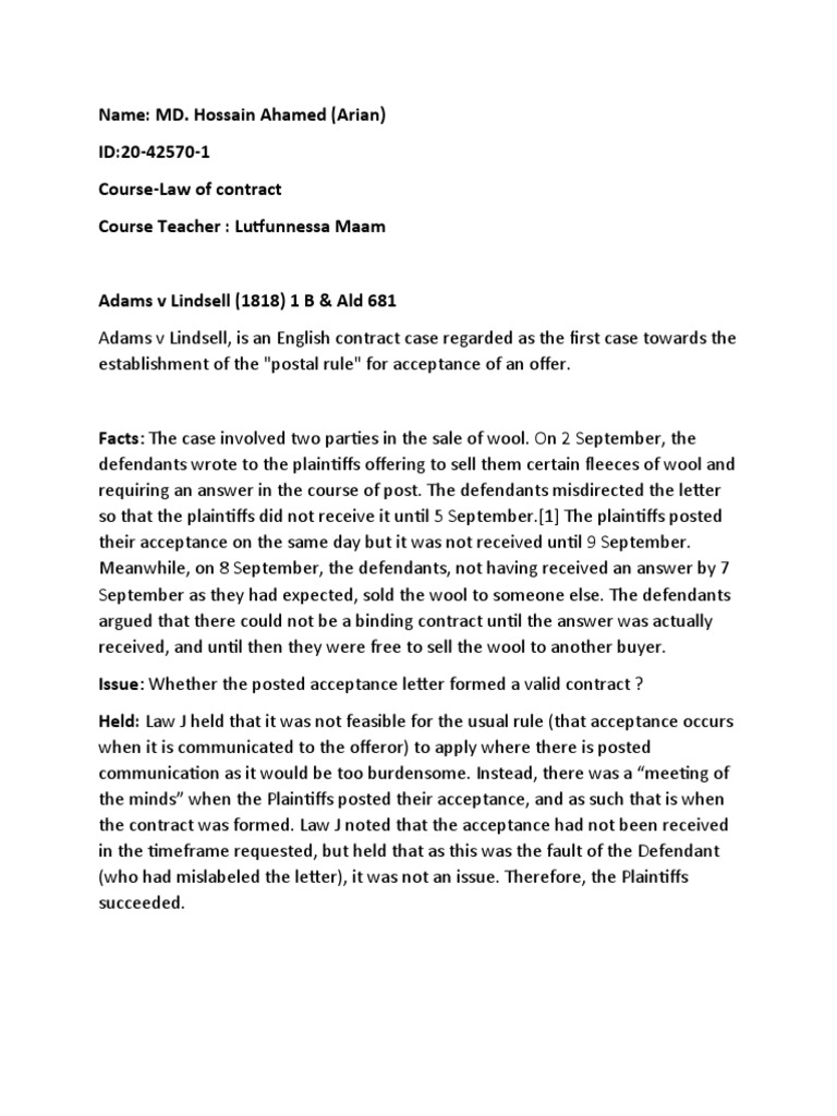 Adams V Lindsell (1818) 1 B & Ald 681 | PDF