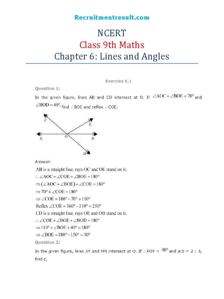 Ncert Chapter 6: Lines and Angles: Class 9th Maths | PDF