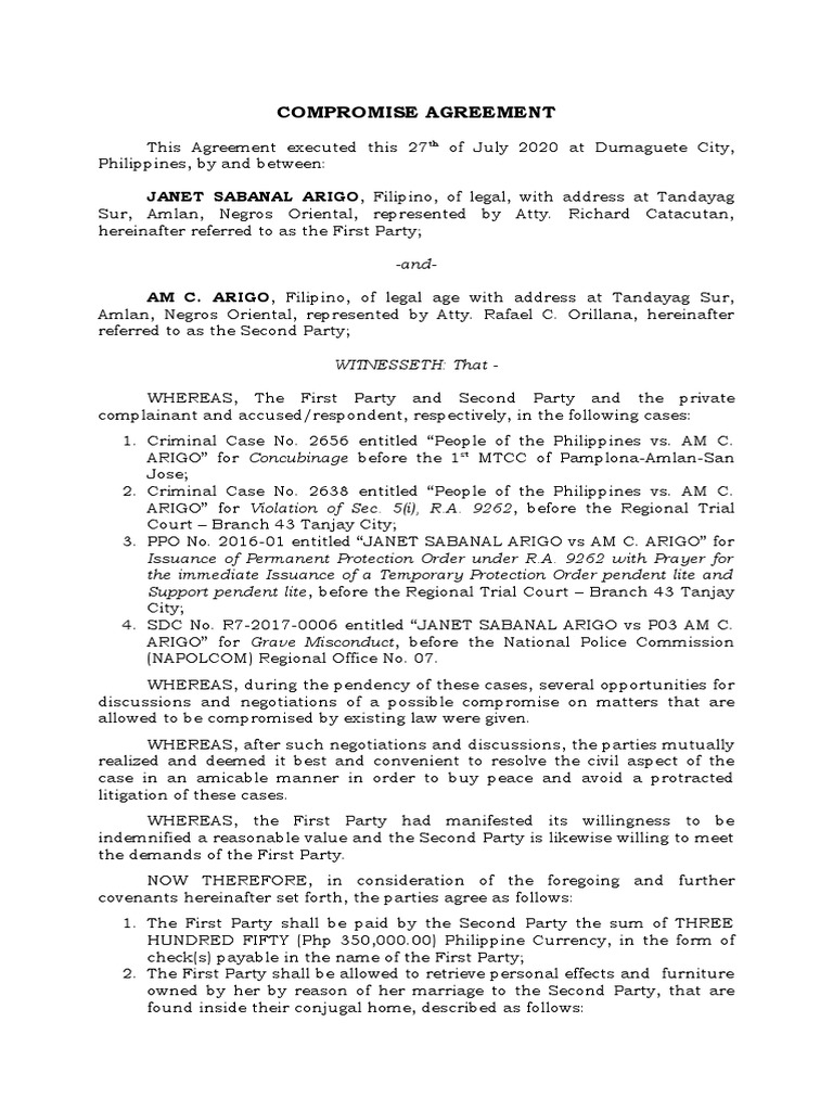Compromise Agreement: JANET SABANAL ARIGO, Filipino, of Legal, With ...