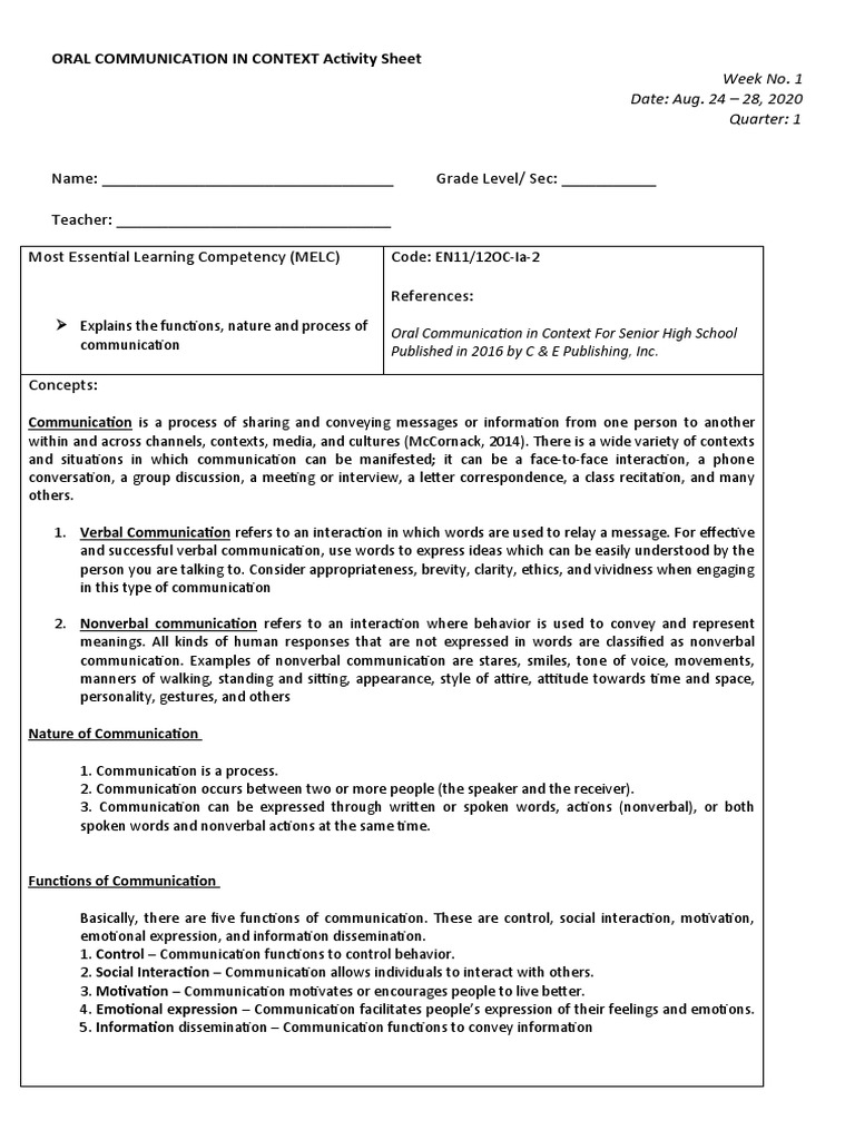 Name: - Grade Level/ Sec: - Teacher: - Most Essential Learning ...