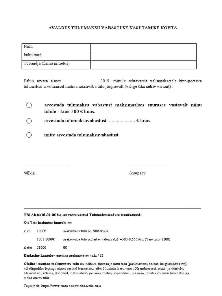 Maksuvaba Tulu Arvestamise Avaldus | PDF