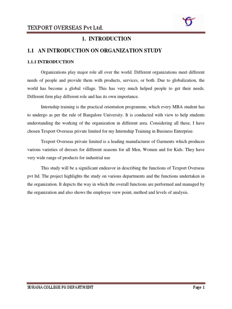 Texport Overseas PVT LTD.: 1.1 An Introduction On Organization Study ...
