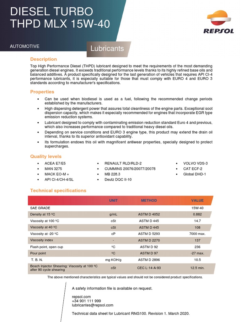 Repsol Diesel Turbo THPD MLX 15W40 | PDF | Diesel Engine | Lubricant