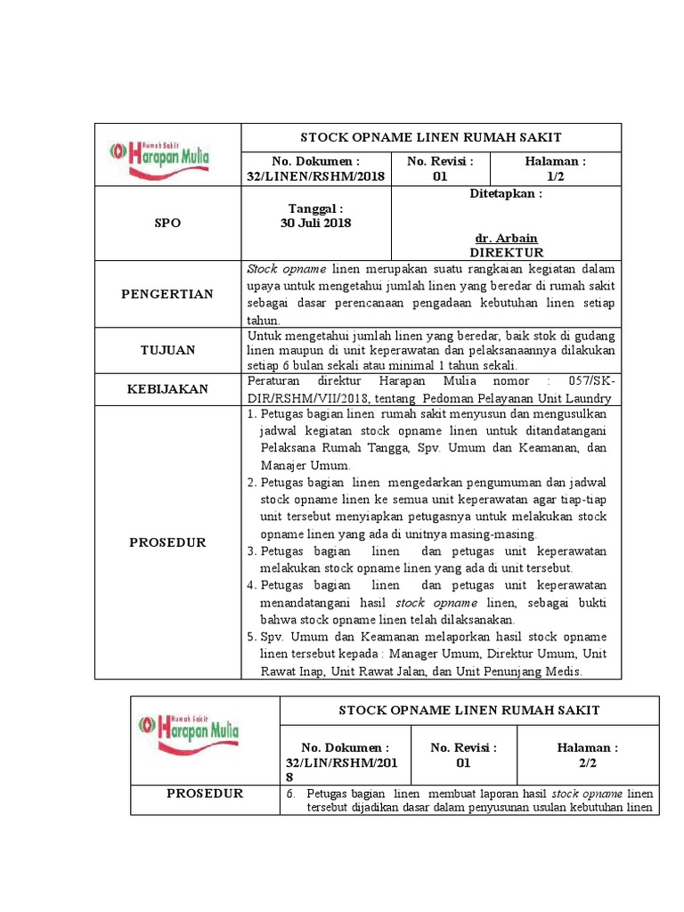 Stock Opname Linen Rumah Sakit | PDF