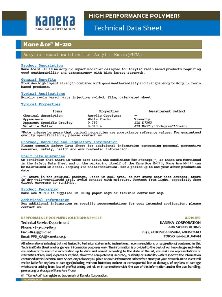 Kane Ace M-210 TDS | PDF | Poly(Methyl Methacrylate) | Business