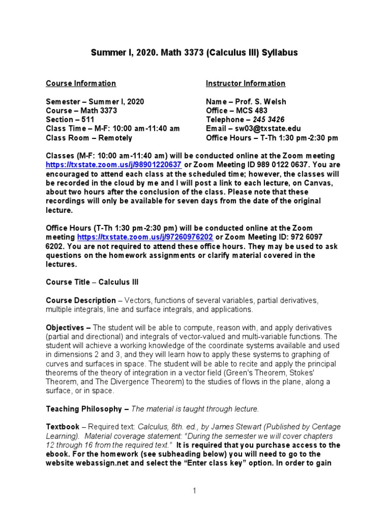 Summer I, 2020. Math 3373 (Calculus III) Syllabus | PDF | Academic ...