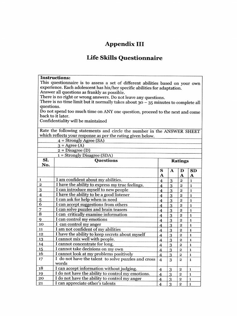 Appendix III Life Skills Questionnaire: Instructions | Download Free ...