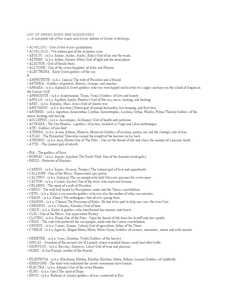List of Greek Gods and Goddesses | PDF | Zeus | Dionysus