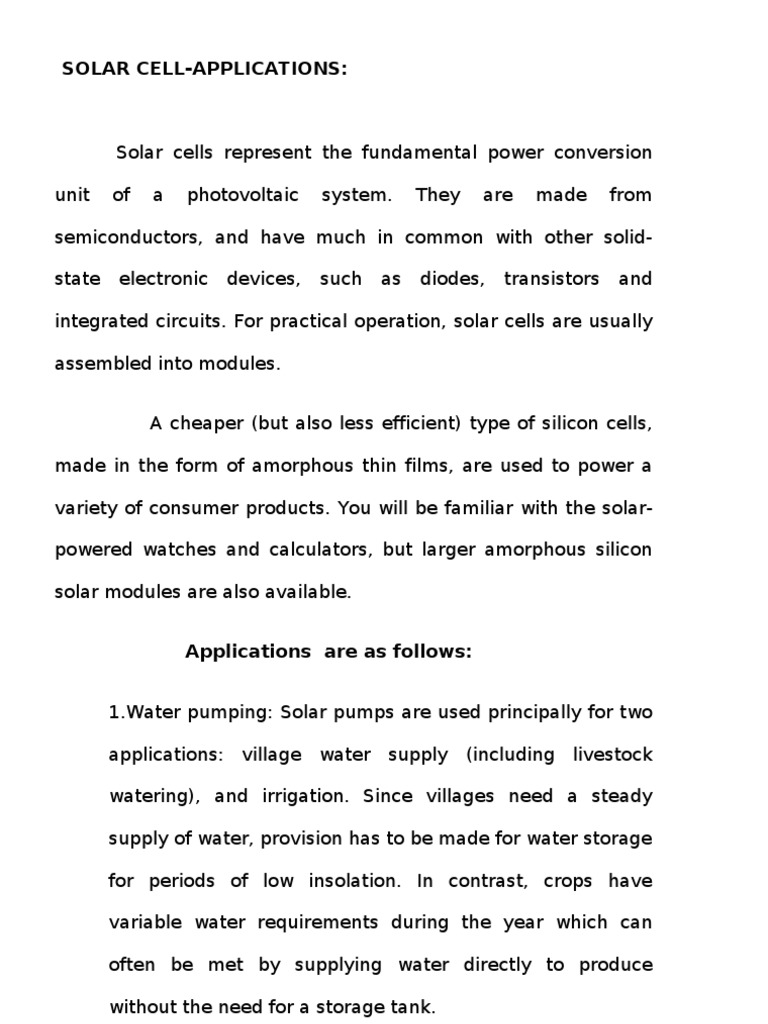 Applications of Solar Cell | Download Free PDF | Photovoltaics | Solar ...